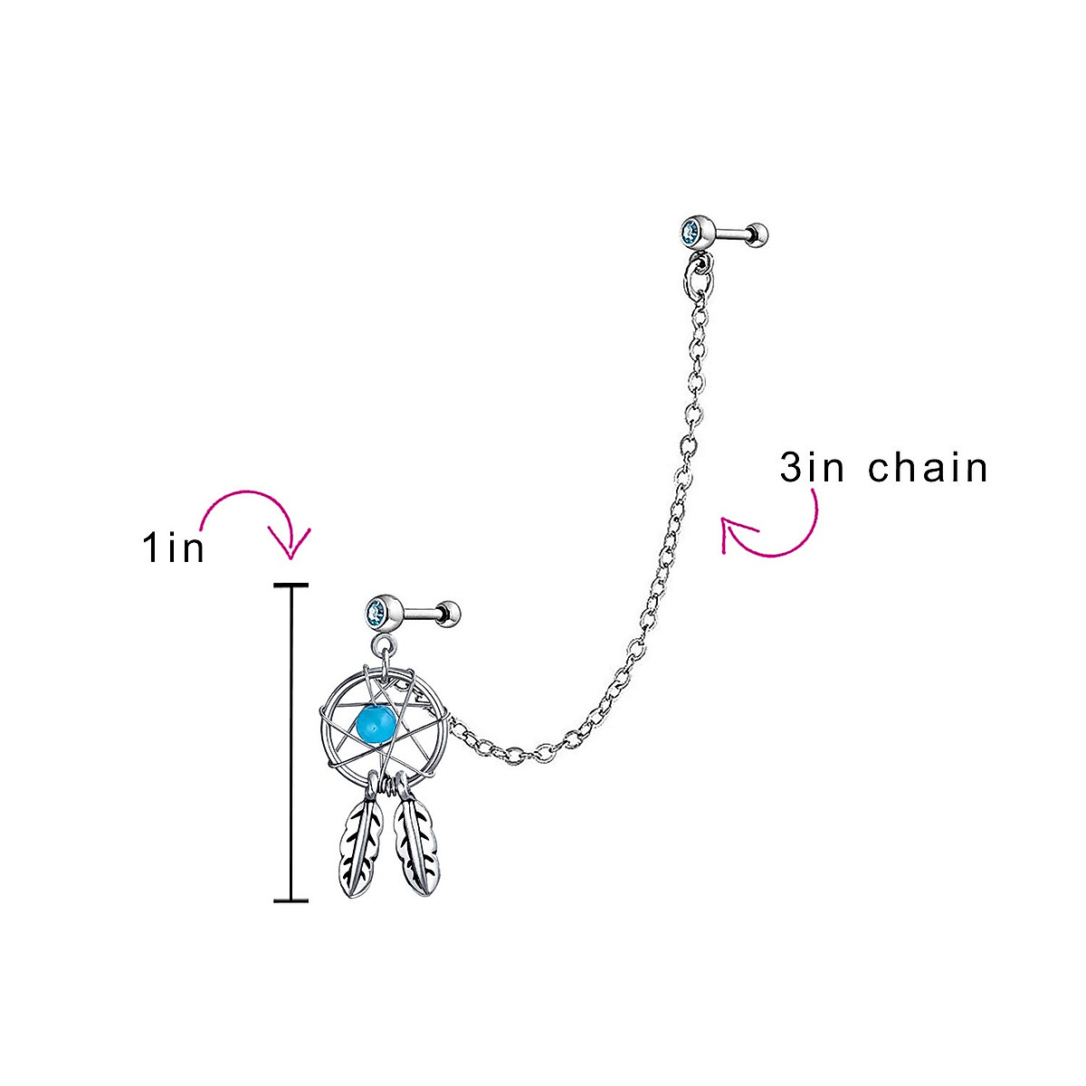 Blue Pink Native American Indian Western Jewelry Dream Catcher Feather Double Piercing Single Ear Cartilage Stud for Women Teen Surgical Steel 14G