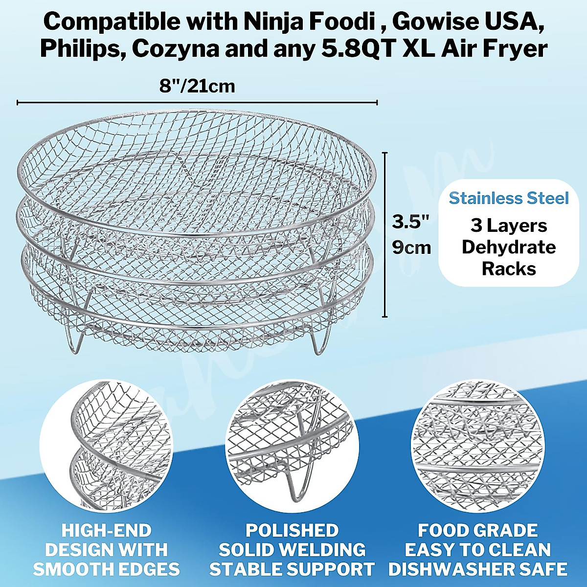 Air Fryer Accessories - Three Stackable Dehydrator Racks for Ninja, Instant Pot Vortex, COSORI, CHEFMAN, Gowise, Ultrean, Gourmia - 304 Stainless Steel Grill Rack Fits 4.2-5.8 QT Air Fryer, Oven