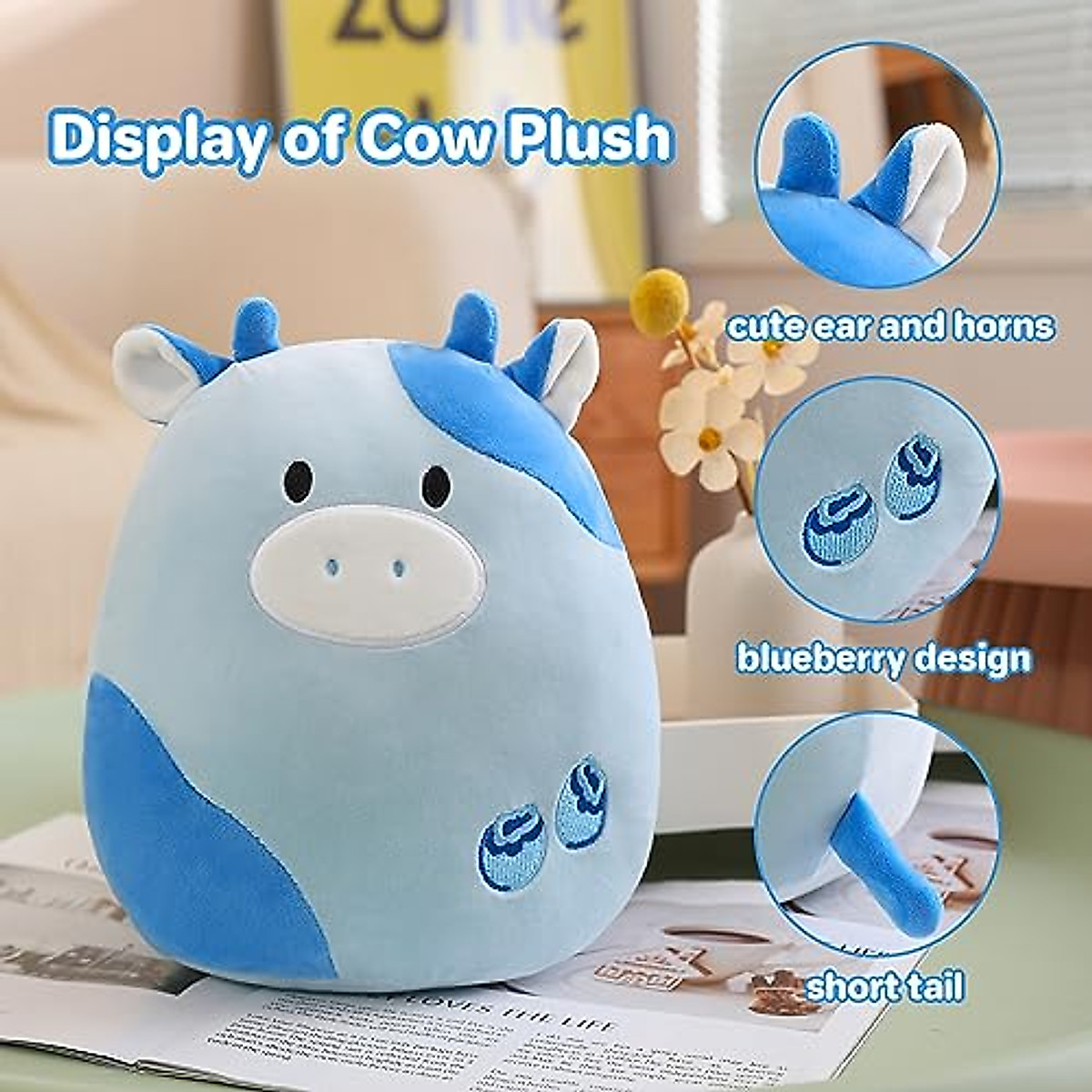 SQEQE Cow Plush Toy Cute Blueberry Cow Stuffed Animals Soft Pillow Plushies Kawaii Cow Plushie Food Plush Gift for Girls Kids Decor(Blue 10 inch)