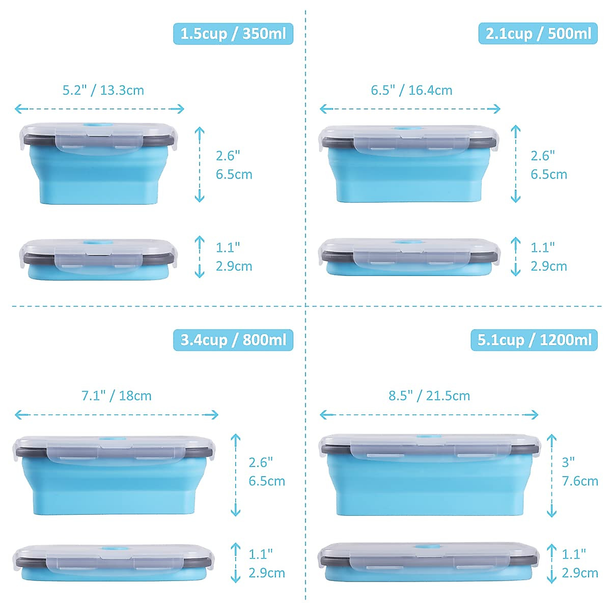 Collapsible Food Storage Containers with Lid, Bundle of Rich Size, 16 Pack, Kitchen Stacking Silicone Collapsible Meal Prep Container Set for Leftover, Microwave Freezer Dishwasher Safe, Blue