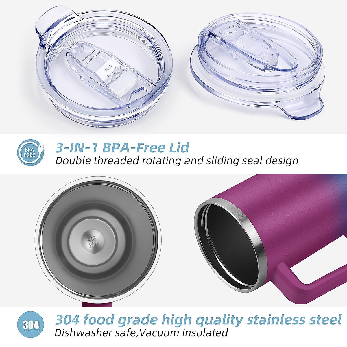 40 oz Tumbler with Handle and Straw, 100% Leak Proof Tumblers Cup, Stainless Steel Insulated Travel Coffee Mug, Keeps Drinks Cold for 24 Hours or Hot for 10 Hours, Fits for Car Cup Holder, PurpleBlue