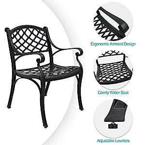 2 Pieces Cast Aluminum Patio Chair,Metal Outdoor Dining Chair with Armrest, Set of 2 All Weather Patio Armchairs,Outdoor Furniture Bistro Chairs for Lawn Porch Garden Backyard Poolside Deck,Black