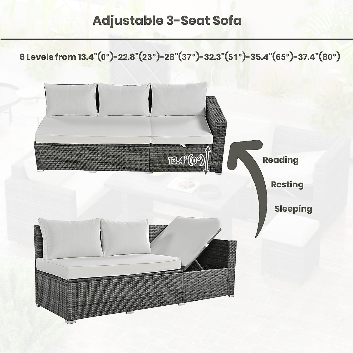 Merax Patio Dining Table Set, Outdoor 6-Piece All Weather PE Rattan Sofa Set, Wicker Sectional Furniture Set with Adjustable Seat, Storage Box, Removable Covers and Tempered Glass Top Table Beige