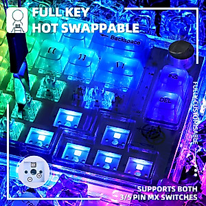 65% Hot-Swap Wired Mechanical Gaming Keyboard Programmable with Transparent 66 Key Full Side RGB OWERTY Linear Ice White Switch Custom Coiled C to A Cable Media Knob 2-IN-1 Case for WIN/PC/MAC(White)
