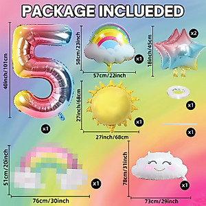 5th Birthday Decorations Girl, 5th Rainbow Birthday Balloons Set with Sun Rainbow Gradient Stars and 40 Inch Number 5 Foil Balloon for Rainbow Theme Girls 5th Birthday Party Decoration Supplies