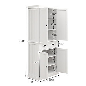 Locsear 71.65" Kitchen Pantry Cabinet, Traditional Freestanding Tall Storage Cabinet Cupboard with 4 Doors, 1 Drawer, and 4 Shelves, White