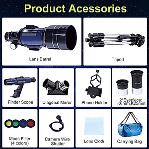 Telescope for Beginners, 300/70mm Astronomy Monocular Telescopes with Phone Adapter, Camera Wire Shutter, Moon Filter and Backpack, Adjustable Tripod