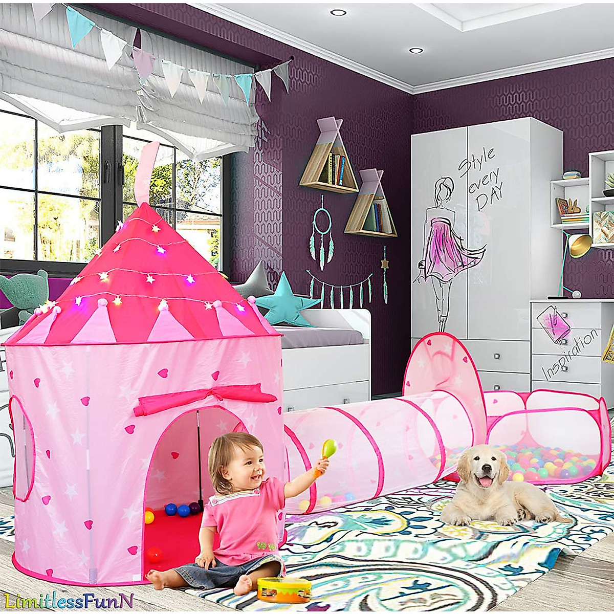 LimitlessFunN 4pc Princess Kids Pop Up Play Tent, Crawl Tunnel, Ball Pit | Includes Star Lights & Carrying Case |, Children Indoor Castle Playhouse for Girls, Toddlers, 47" D x 126" W x 53" H