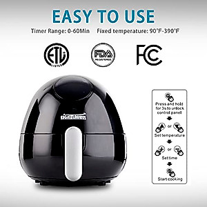 Mini Air Fryer, 700-Watt Airfryer Compact Oilless Small Oven with Basket, 1.64 Quart Capacity 90°F- 390°F Temperature Controls and a High Gloss Finish for Cooks, Crisps, Roasts, Bakes, Reheats and Dehydrates, Black