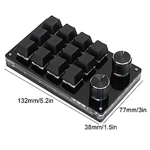 One Handed Macro Mechanical Keyboard Portable USB Mini 12 Key Multifunction DIY Programmable Keypad with Knob for Office Gaming Lab(Black)