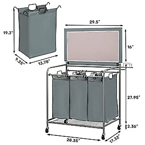 ALIMORDEN Rolling Laundry Sorter Cart with Wheels and Lid 240l Heavy Duty Laundry Hamper Sorter Basket 3 Section Room Organizer with Ironing Board and Iron Rack Blue Grey
