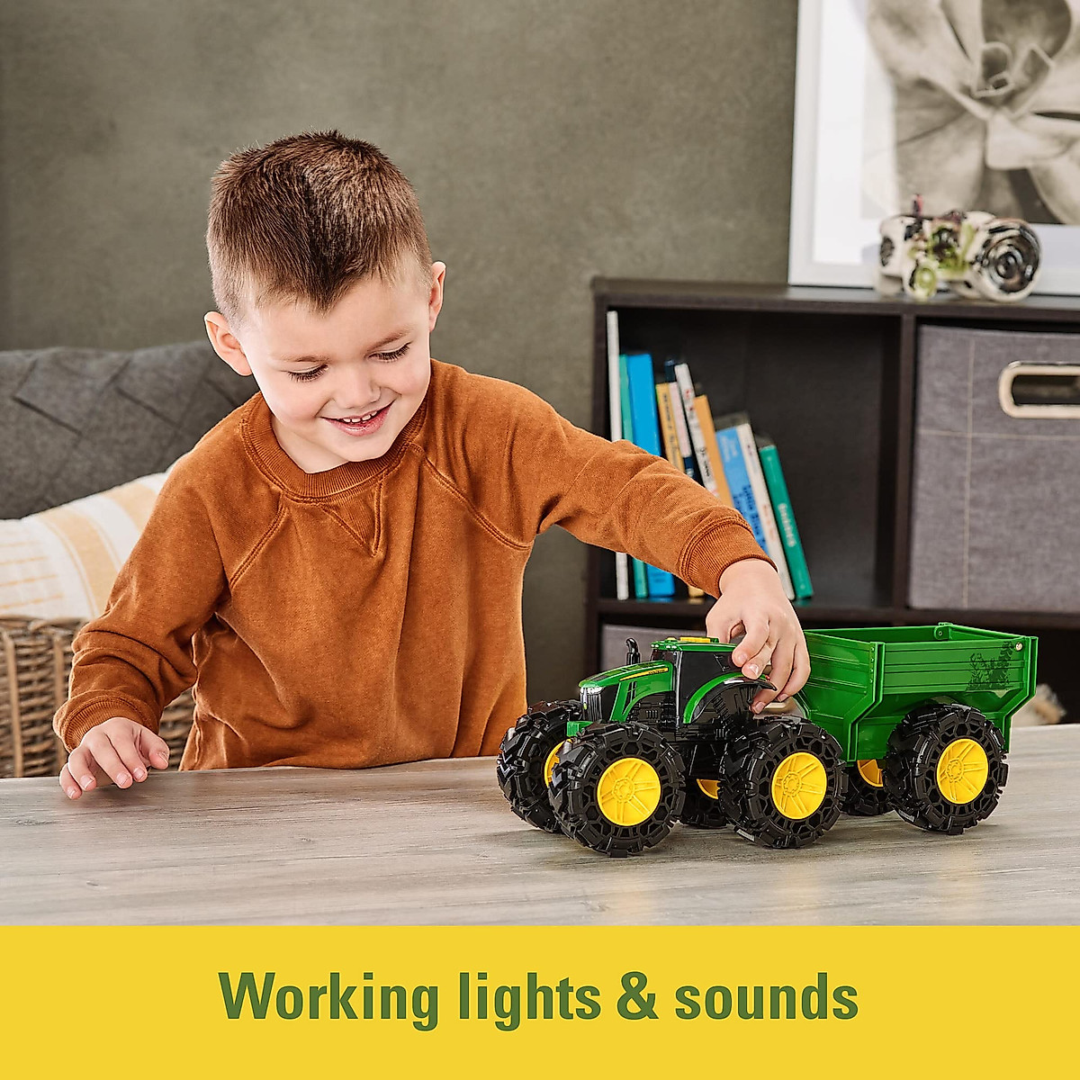 John Deere Monster Treads Tractor Toy with Wagon Toys with Lights and Sounds - Monster Truck Tires - Toddler Toys Ages 3 Years and Up,Red,Green