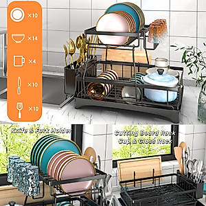 Godboat Dish Drying Rack, Dish Rack with Extra Drying Mat, 2-Tier Dish Racks for Kitchen Counter, Kitchen Gadgets with Drainboard & Utensil Hooks, Kitchen Organization & Decor, Gifts for Women & Men