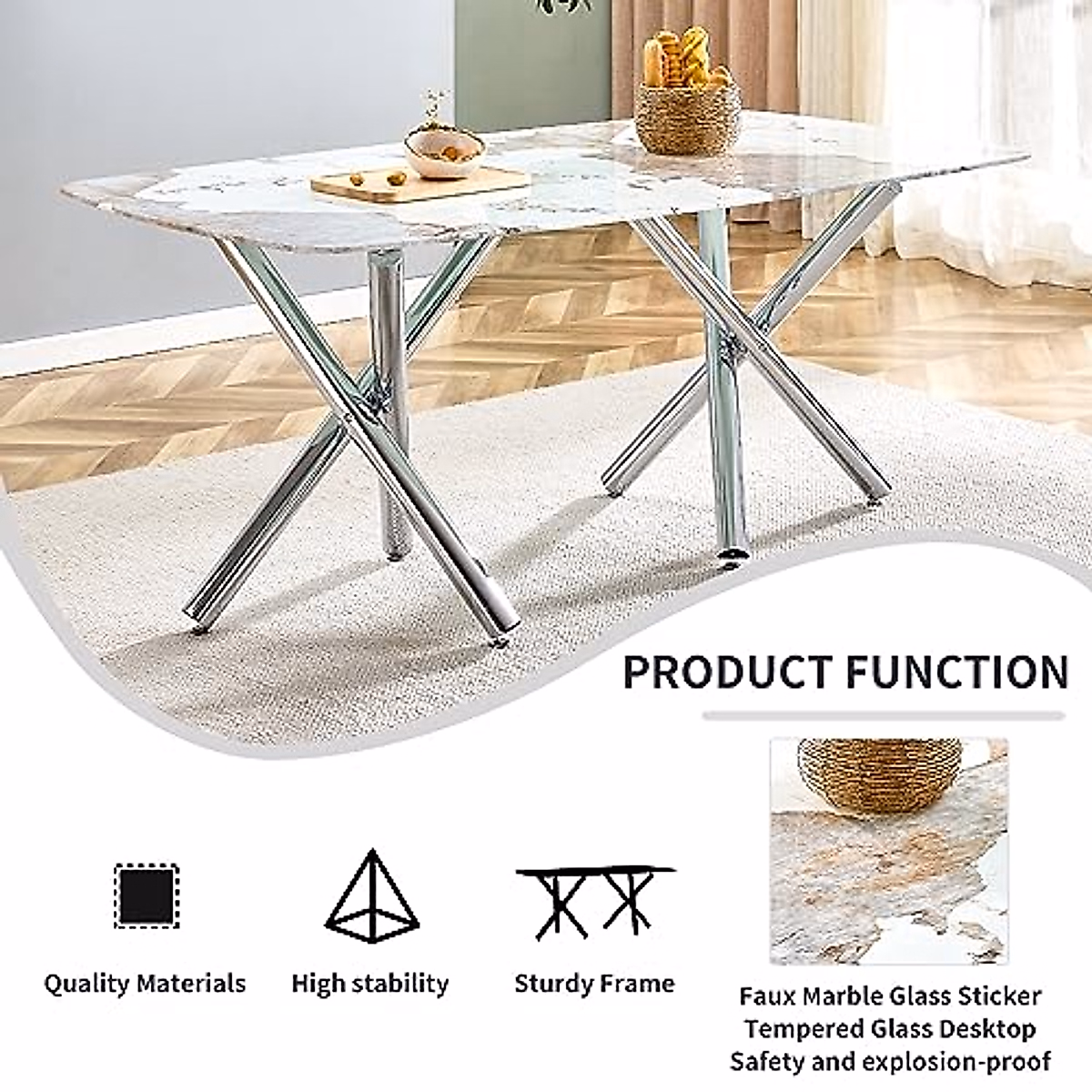 Xshelley Dining Table, Modern Rectangular Dining Table for 8, Large Dining Table for Kitchen Dining Living Meeting Room Banquet Hall (Silver-D)