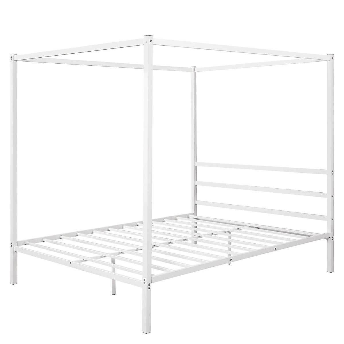 Metal Framed Canopy Platform Bed with Built-in Headboard,No Box Spring Needed, Classic Design, Queen,White