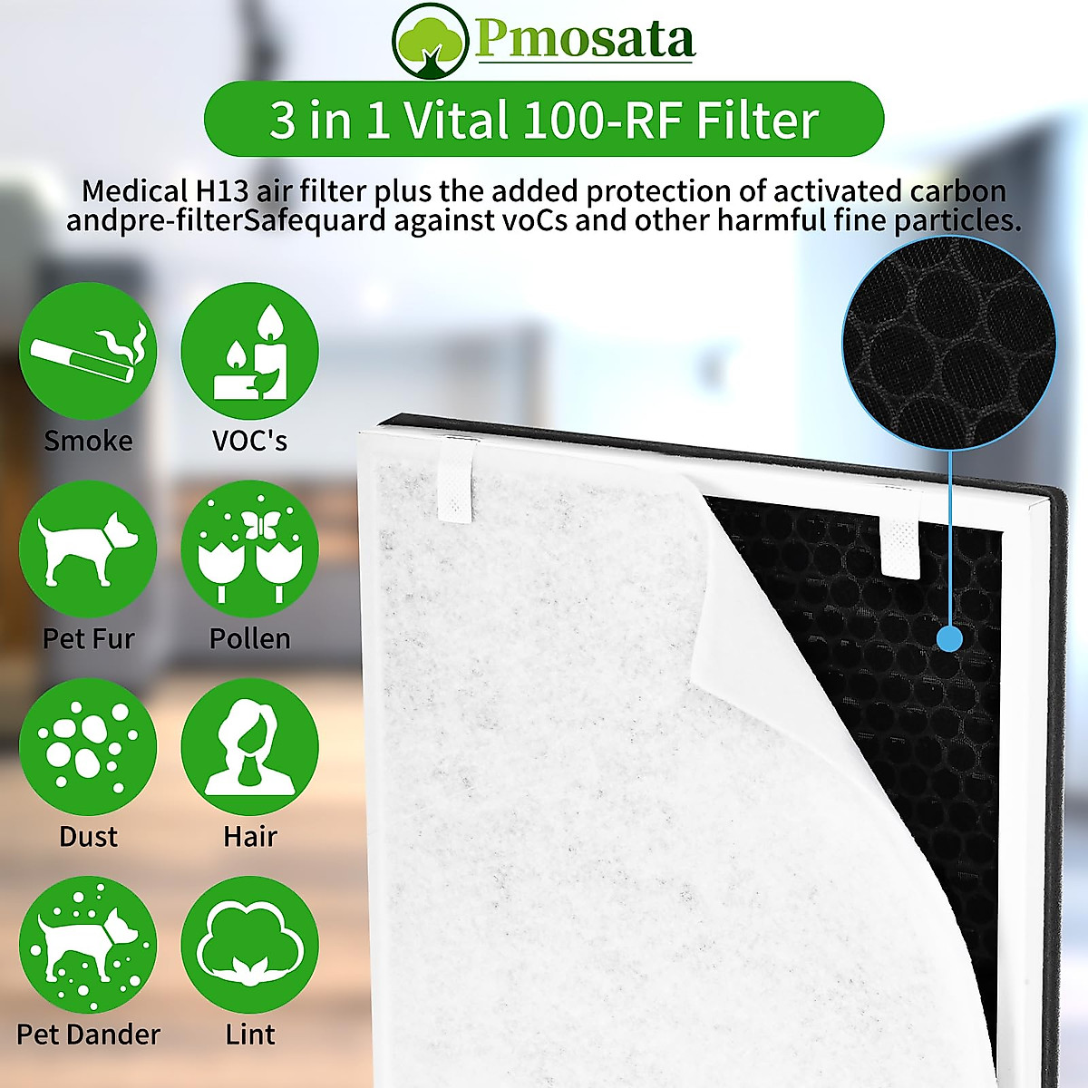 Pmosata 3 pack Vital 100 Replacement Filters for LEVOIT Vital 100 Air Puri-fier with 3-in-1 filtration including washable pre-filter + Activated Carbon filter + H13 True HEPA filter for # Vital-100-RF