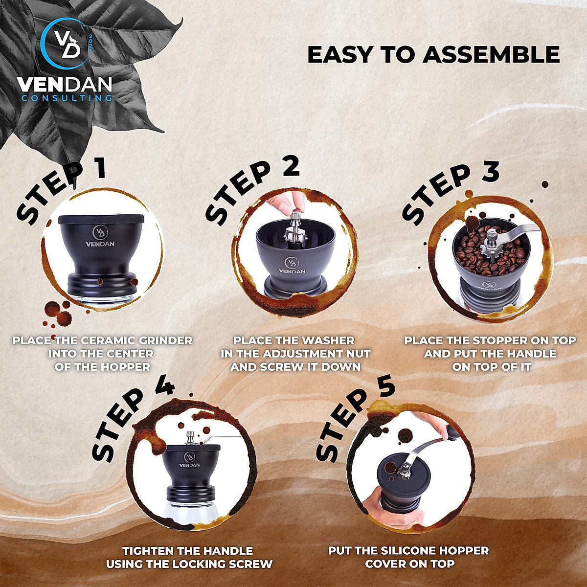 VenDan Manual Coffee Grinder - Hand Crank Coffee Grinder with Travel Jar - Coffee Bean Grinder - Incl. Coffee Scoop & Cleaning Brush - Molino de Cafe