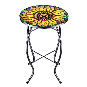 VCUTEKA Outdoor Side Table Mosaic End Table Patio Side Table Small End Table Glass Top Round Balcony Coffee Table Porch Indoor Glass Top