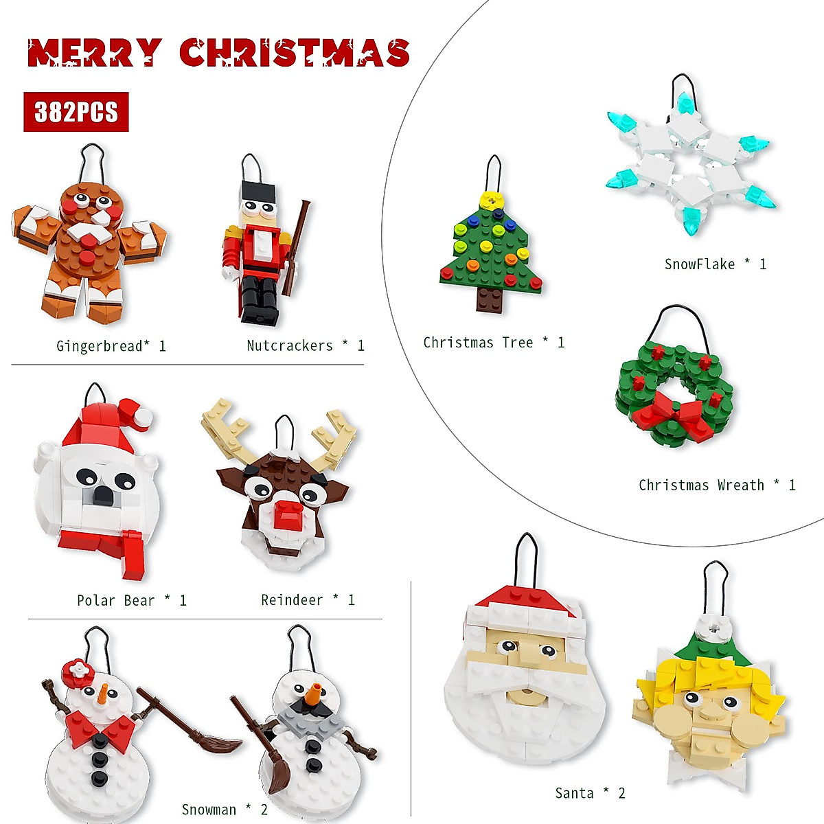 Tenhorses Christmas Tree Ornament 11-in-1 Building Sets, Wreath, Santa, Snowman, Nutcracker, Polar Bear, Gingerbread, Reindeer, Snowflake, Hanging Christmas Decor Toys Gift for Girls Boys or Kids.