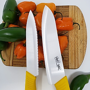 Serrated Black Ceramic Knife Set with 5" Serrated Knife. Includes 3”, 4”, 5”, 6” Ceramic Knives, Matching Sheaths and a Matching Vegetable Peeler in a Black Gift Box