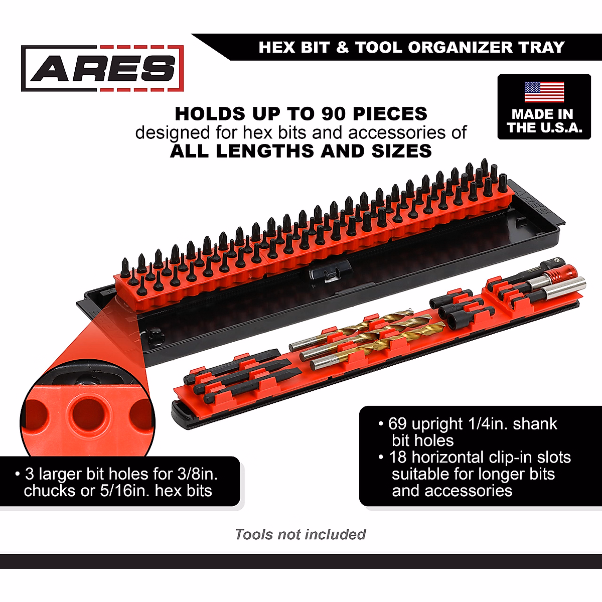 ARES 62052 – Hex Bit and Tool Organizer Tray – Large Capacity Organizer Holds Hex Bits, Drill Bits, Extensions, Adapters, and More – Oil and Solvent Resistant Material - Made in USA