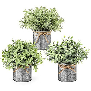 Mkono Mini Fake Plants in Farmhouse Galvanized Metal Pots Table Centerpiece Rustic Home Decor, 3 Pack Lightweight Potted Artificial Plants Faux Eucalyptus for Indoor Shelf Dining Room Office Decor