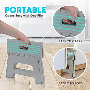 BLACK+DECKER 9'' Folding Step Stool, Foldable Collapsible Step Stools for Adults Holds Up to 330 lbs, Compact Non-Slip Surface with Carry Handle for Kitchen, Bedroom, Garden, Bathroom, Gray/Teal