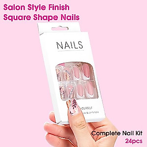 24 Pcs Press On Nails, Gel Nail Kit, Women's French Shrub Leaves False Nails, Full Cover False Nails Easy Home DIY Manicure with Square Nails Glue, Prep Pad, Mini Nail File, Nail Remover Stick