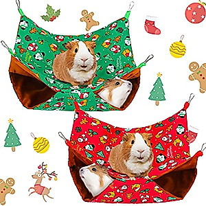 2 Pieces Christmas Ferret Hammock Guinea Pig Rat Hammock Hanging Pet Hammock Printed Santa Claus Ferret Bed Small Animal Hamster Hammock for Rabbit Squirrel Playing, Green, Red (Large)