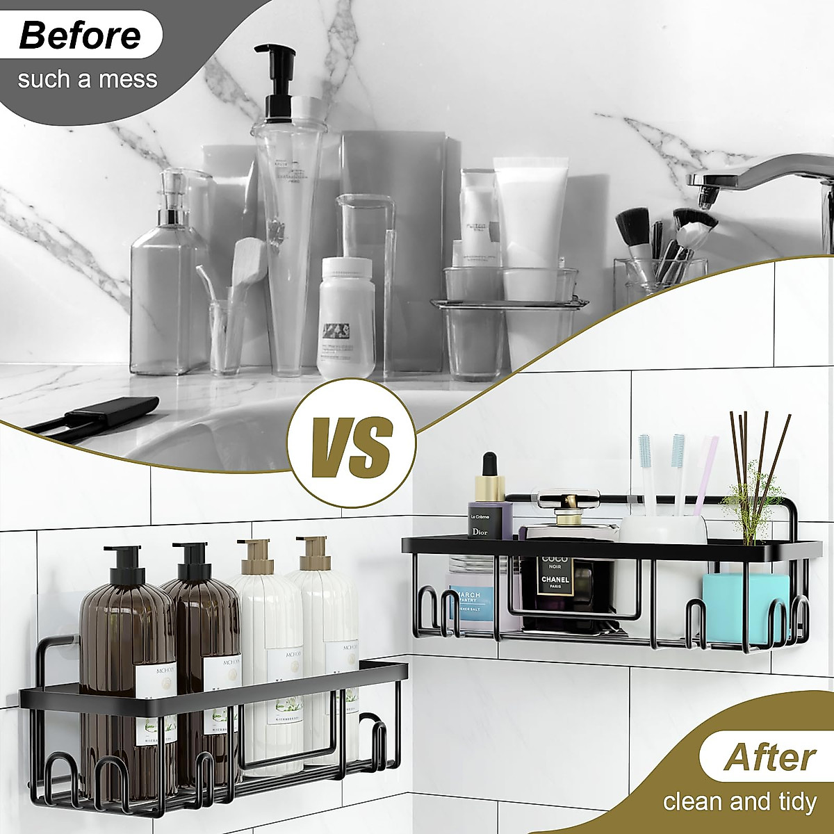 IKOLYS Shower Caddy 2 Packs, Bathroom Shower Organizer Adhesive Shower Basket, Rustproof Stainless Steel Bathroom Shower Storage and Home Decor, Shower Shelf for Bathroom and Kitchen - Black