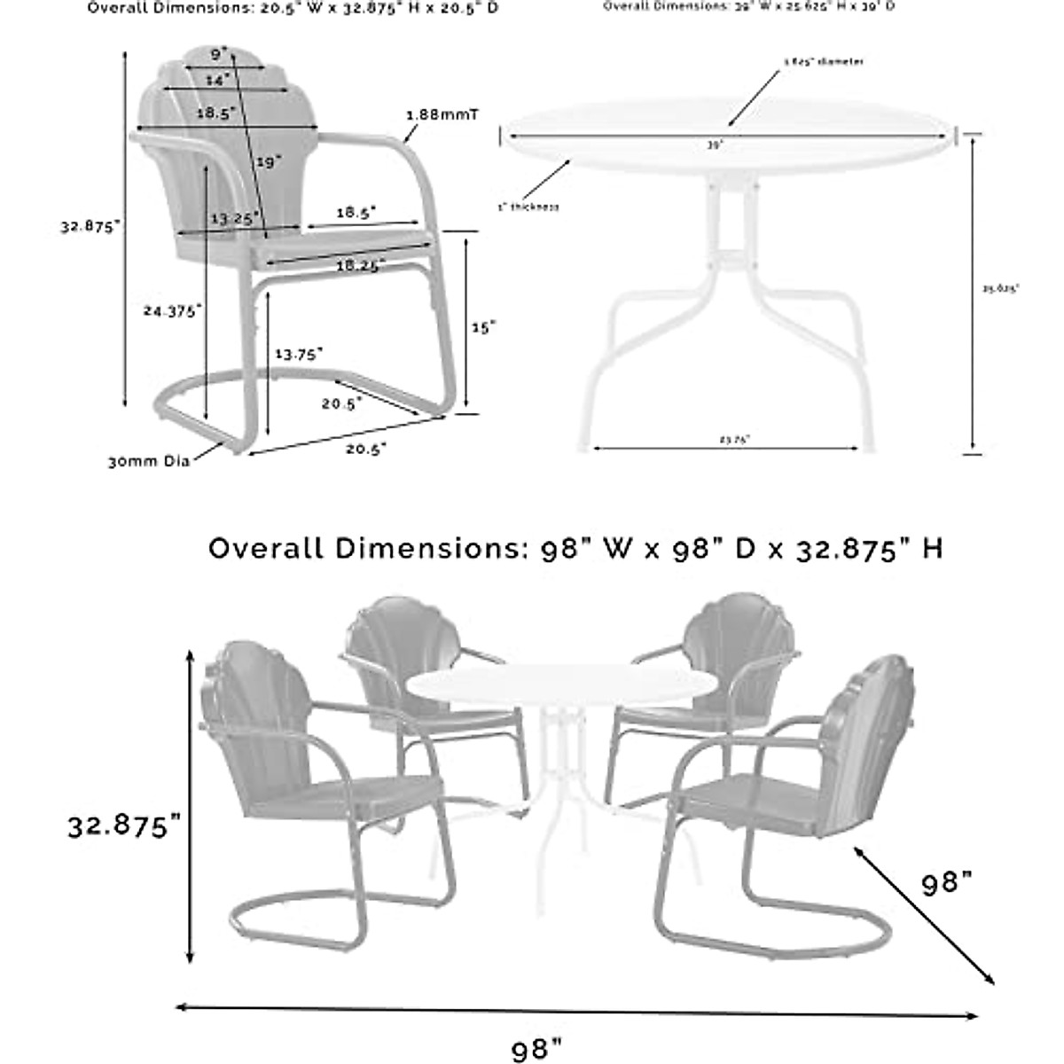 Crosley Furniture Tulip 5-Piece Outdoor Dining Set for 4, Retro Metal Round Patio Table and Chairs for Deck, Pastel Pink Gloss