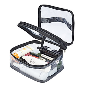 HAOGUAGUA Double Layer Clear Cosmetic Bag Makeup Bag, Waterproof Travel Toiletry Bag, Transparent PVC Hair & Nail Accessories Pouch Beach Bag Organizer (Black)