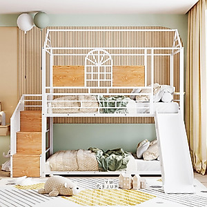 CALABASH Twin Over Twin House Bunk Beds with Slide and Storage Stair with Storage Stairs, Steps Kids Metal Low Bunk Beds with Guardrails for Girls & Boys (White)