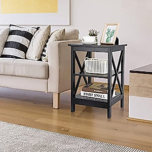 SUPER DEAL 3-Tier End Table with Storage Shelves Versatile X-Design Sofa Side Table for Living Room Bedroom Apartment Small Space, Black