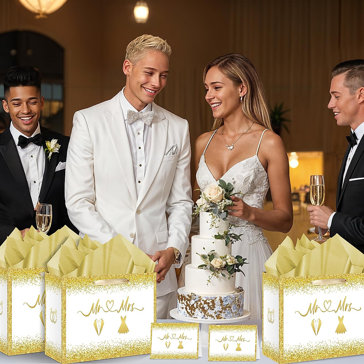 Wedding Gift Bag Bridal Shower Gift Bags Bride Gift Bag large Mrs and Mr Gift Bag White Gold Wrapping Paper Bag with Tissue Paper Card Bridal Anniversary Wedding Engagement Shower Gift Bag for Couple