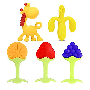 TEKSTAR Baby Teething Toys Silicone Fruit Giraffe Banana Toothbrush Teethers Freezer BPA Free, Soothe Babies Teething Relief Sore Gums for Newborn Infant and Toddler (5-Pack)