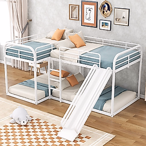 CITYLIGHT Metal Quad Bunk Beds for 4, Full and Twin Size L-Shaped Bunk Beds with Slide and Ladder, 4 Bunk Beds for Kids Boys Girls and Multi Children's Family,White