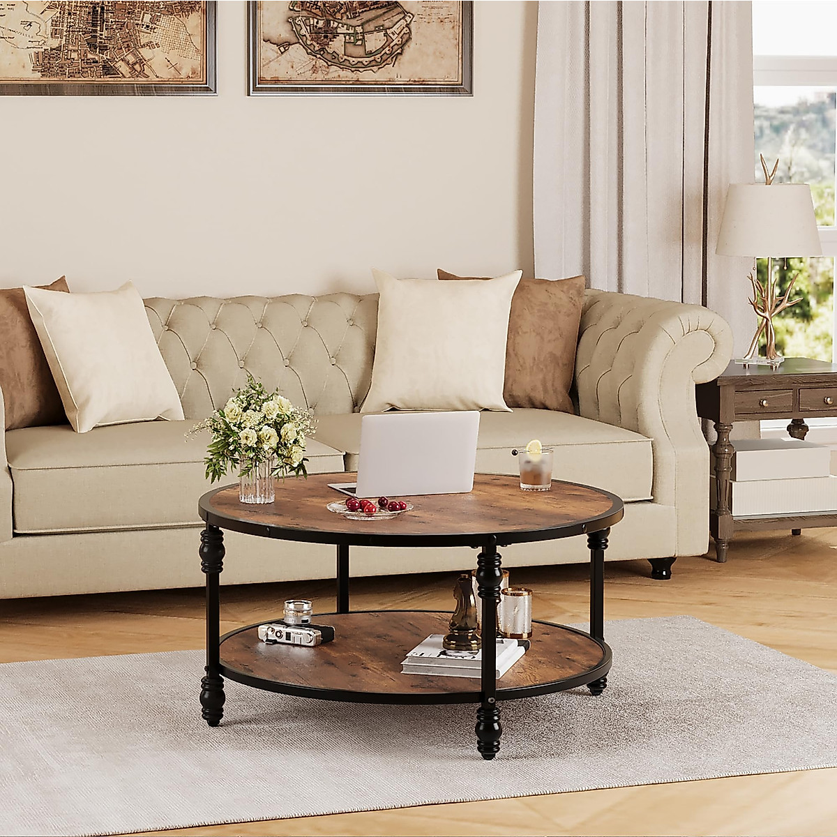 GAOMON Round Coffee Table Living Room 2-Tier Rustic Wood Center Table with Storage Shelf Modern Circle Coffee Table with Sturdy Metal Legs, Easy Assembly