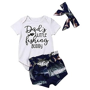 Newborn Infant Baby Girls Boys Clothes Letter Print Romper Bodysuit Cute Fishing Ruffles Shorts Pants Headband Outfits Set (White, 6-12 Months)