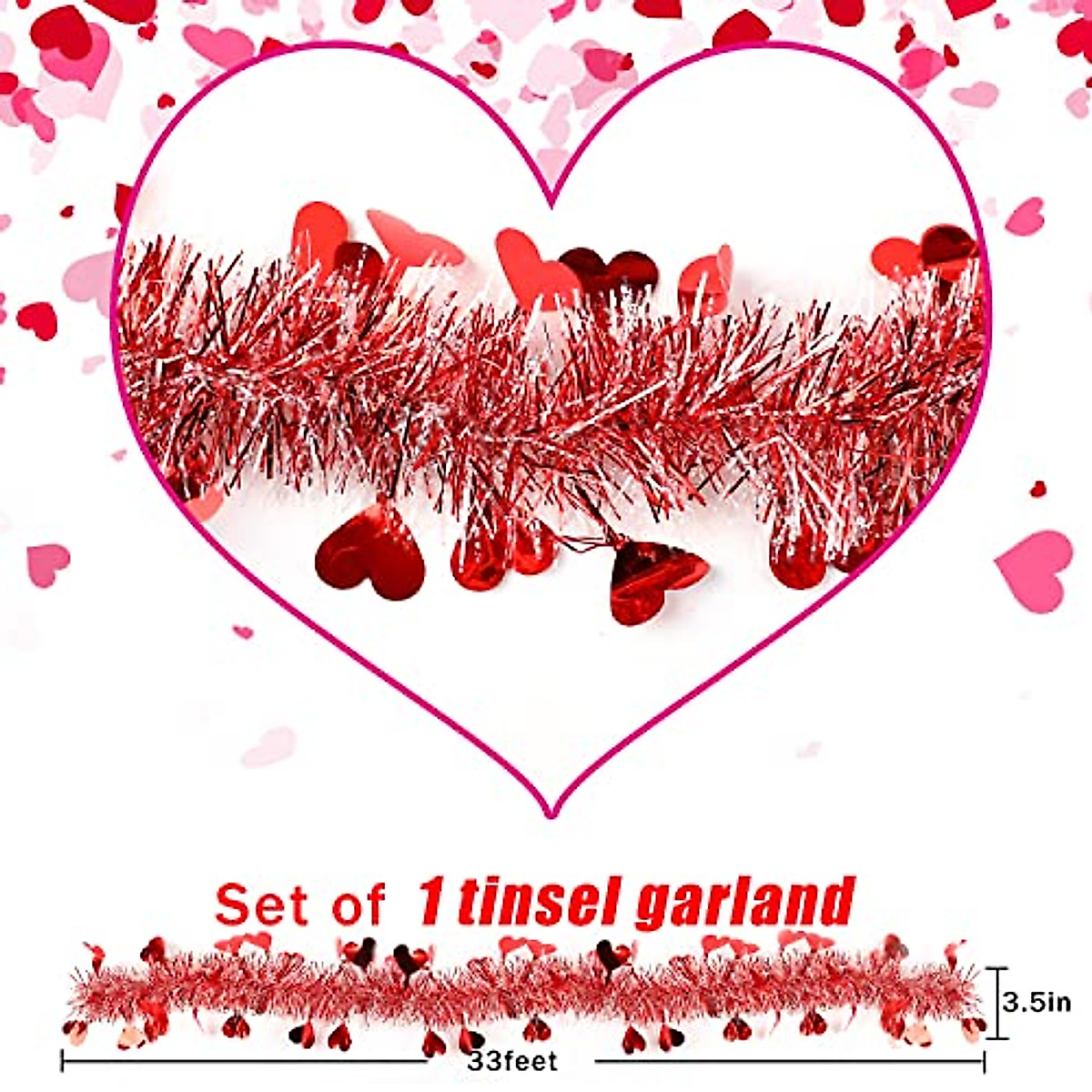 KIMOBER 33 Ft Valentine's Day Tinsel Garland,Red White Heart Metallic Hanging Garland for Party Decoration Supply