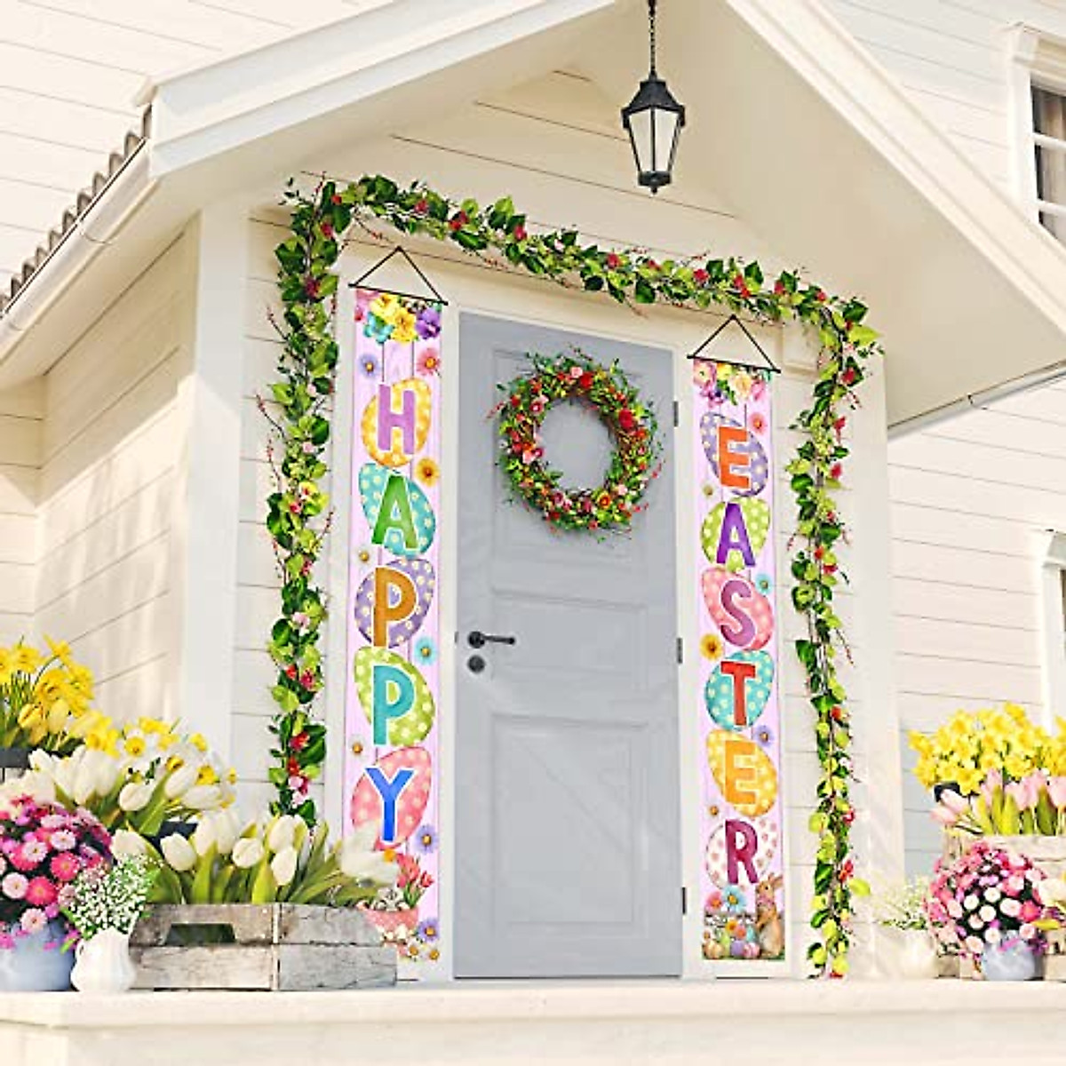 FARMNALL Easter Porch Banner Bunny Egg Rabbit Daisy Party Front Door Sign Wall Hanging Spring Decorations and Supplies for Home Office Farmhouse Holiday Decor