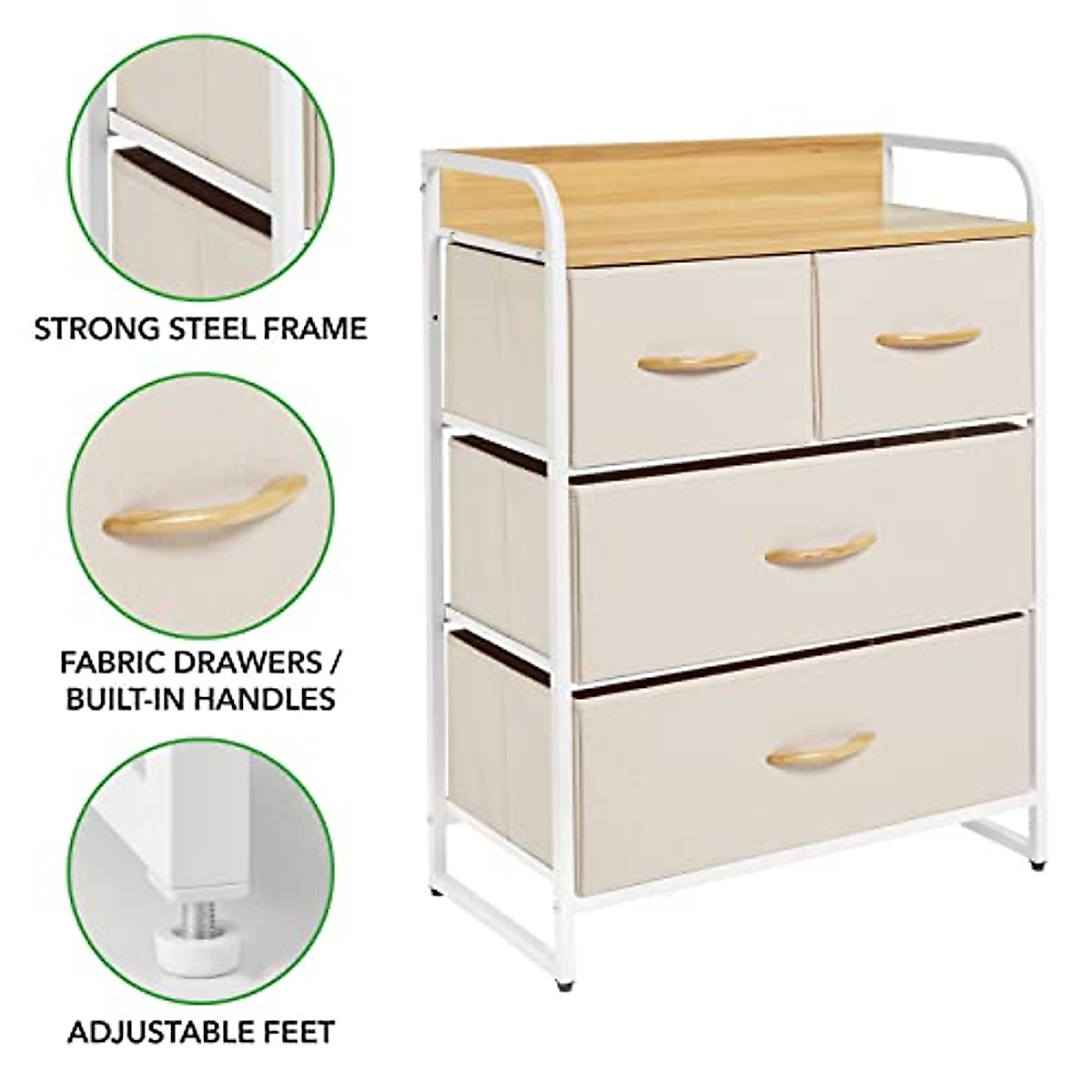 mDesign 30.9" High Steel Frame/Wood Top Storage Dresser Furniture Unit with 4 Removable Fabric Drawers - Bureau Organizer for Bedroom, Living Room, or Closet - Cream/White