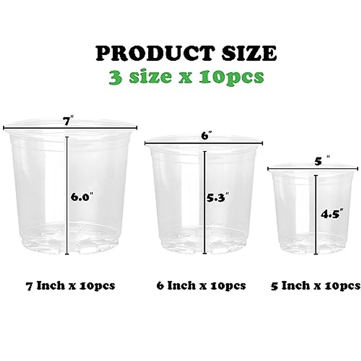 RAOOKIF 30 Pack 5/6/7 Inch Reinforced Clear Nursery Pots with Drainage Holes, Clear Nursery pots Variety Pack, Transparent Plastic Plant Pots for Seedlings, Clear Seed Starters