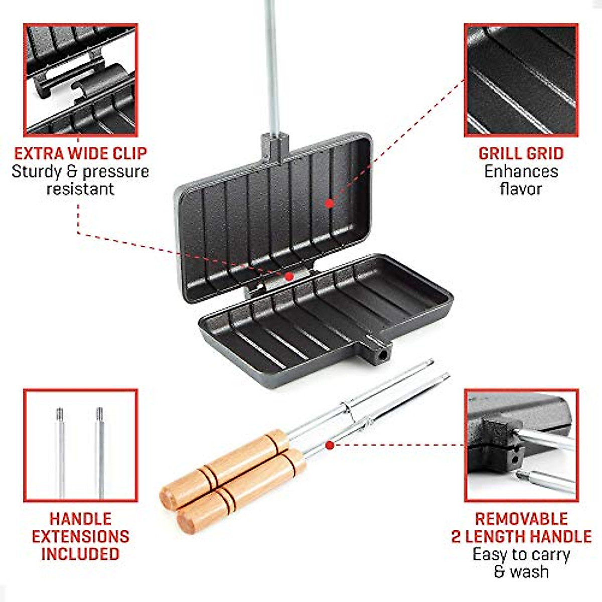 Uno Casa - XL Pie Irons Cast Iron Sandwich Maker - Set of 1, 2 or 4. Mountain Pie Maker, Japanese Sandwich Maker with Recipe Book, Campfire Cooking Equipment - Mountain Pie Maker Cast Iron