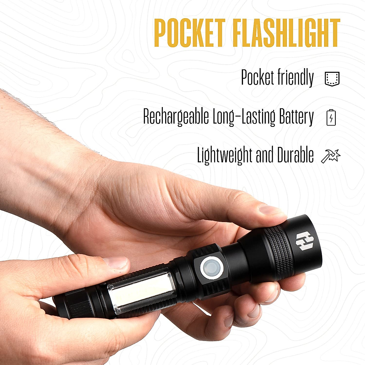 Hayvenhurst LED Flashlight - EDC Flashlight - Tactical Flashlight - 3 in 1 Lightweight, Compact and Rechargeable Pocket Flashlight with Lavish Black Body for Emergency Power Outage