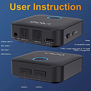 YMOO Optical Bluetooth 5.3 Transmitter Receiver for Speaker/TV/Bluetooth Headphones, 3.5mm Jack AUX Bluetooth Audio Adapter for Airplane, AptX Low Latency,130ft Range for Tablet/Smartphone,Dual Link