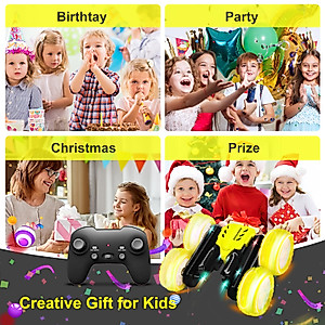 TRIPLEFINE Remote Control Car for Boys & Girls 8-12, LED Fast RC Stunt Car, 2.4GHz RC Cars, 4WD Double Side 360° Rotating RC Cars, Remote Control Car for Kids with Rechargeable Battery(Yellow)