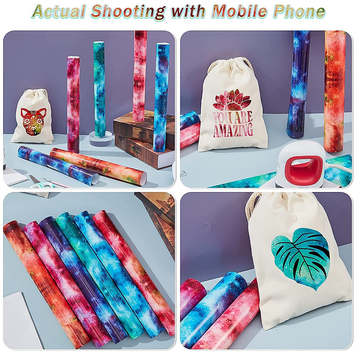 Tintnut Glow in Dark HTV Heat Transfer Vinyl - 12x10 inch 6 Sheets Luminous Color Changing Iron on Vinyl Galaxy HTV Vinyl for T-Shirts DIY Compatible with Cricut or Silhouette Cameo