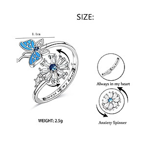 Fidget Anxiety Rings Butterfly Sunflower Adjustable Open Spinner Ring for Women Blue Cubic Zirconia Always in My Heart Stress Relieving Wrap Thin Band Engraved Cute Animal Jewelry Gift Girlfriend Bff Christmas