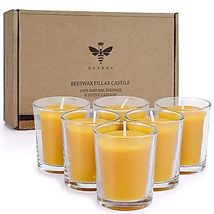 Pure Beeswax Votive Candles-6 Pack Natural Votives Set in Glass Cup for Home Room Decor Party Wedding Spa Gift